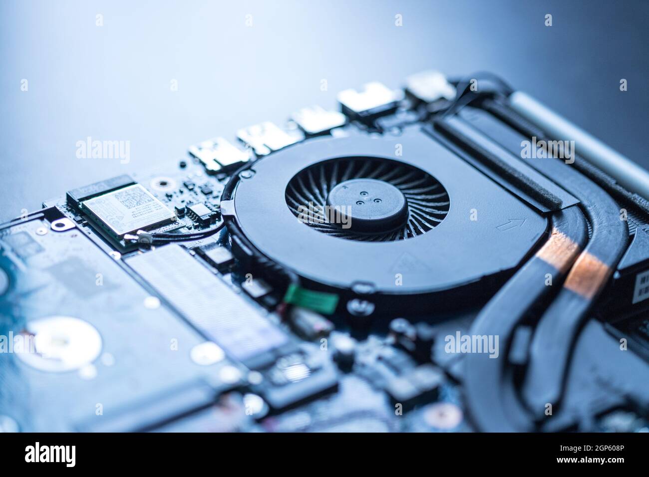 Computer cooling fan for overclocking on a circuit board, close up ...