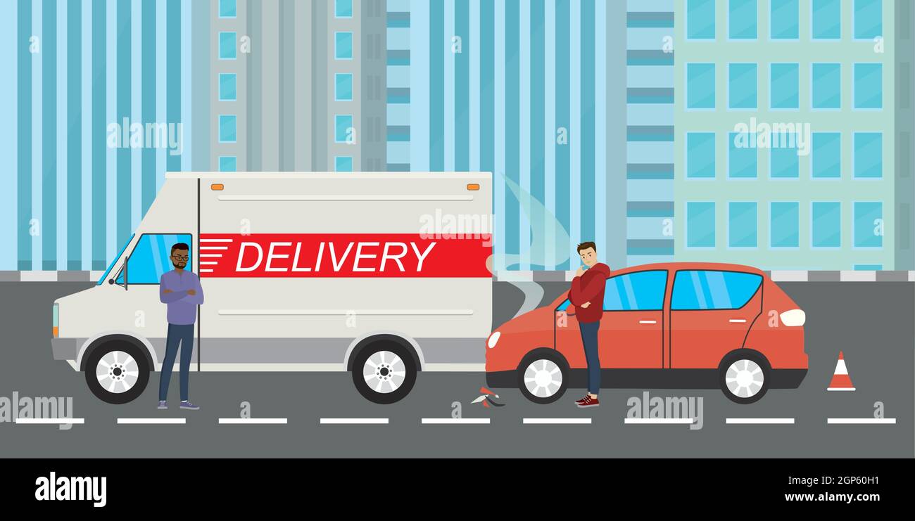 Car crash cartoon banner.Accident with car and truck on city road ...