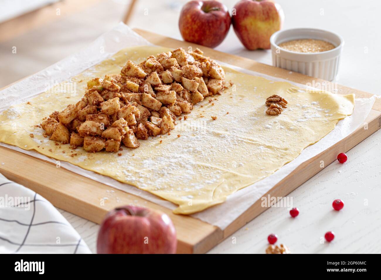 making strudel - dough, apples, cinnamon, nuts, brown sugar. process ...