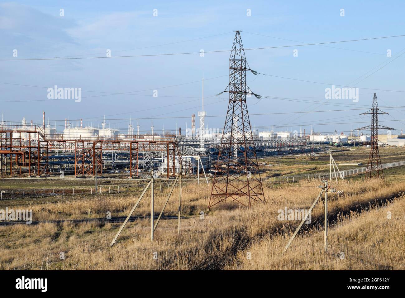 Distillation columns, pipes and other equipment furnaces refinery. The ...