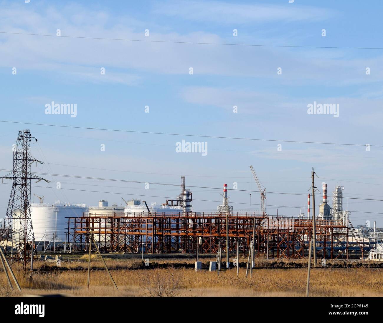 Distillation columns, pipes and other equipment furnaces refinery. The ...