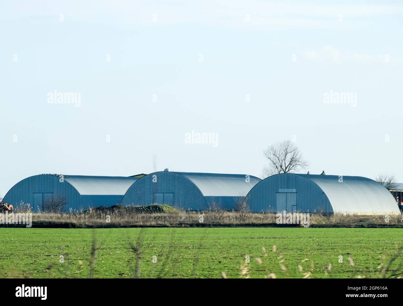 Three hangars in the field. Hangars from galvanized iron Stock Photo ...
