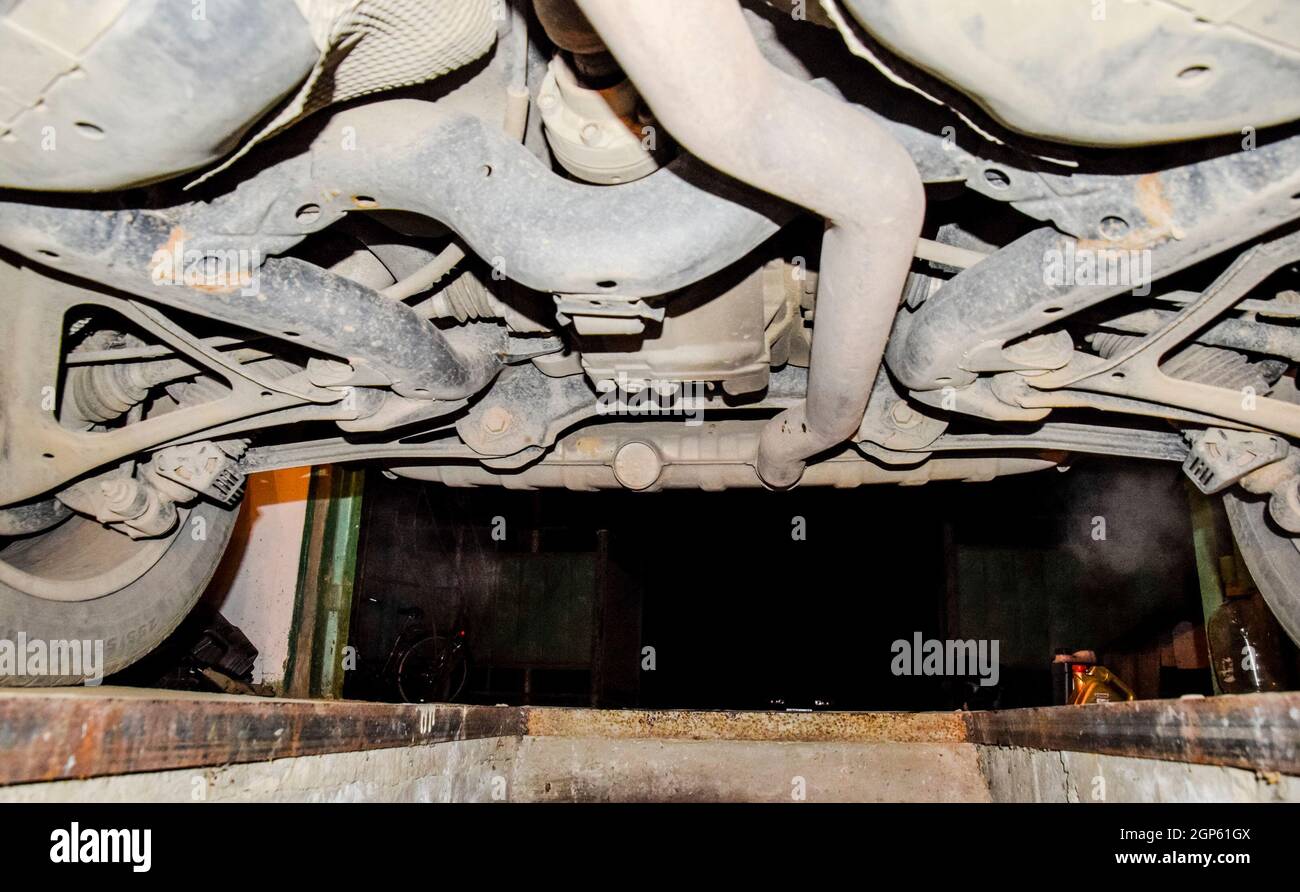 Rear wheel of the car with the elements of the suspension system. Car ...