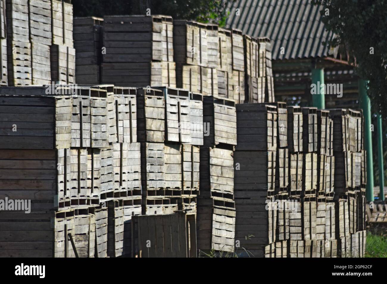 Wooden boxes stacked together. Warehouse empty wooden containers Stock ...