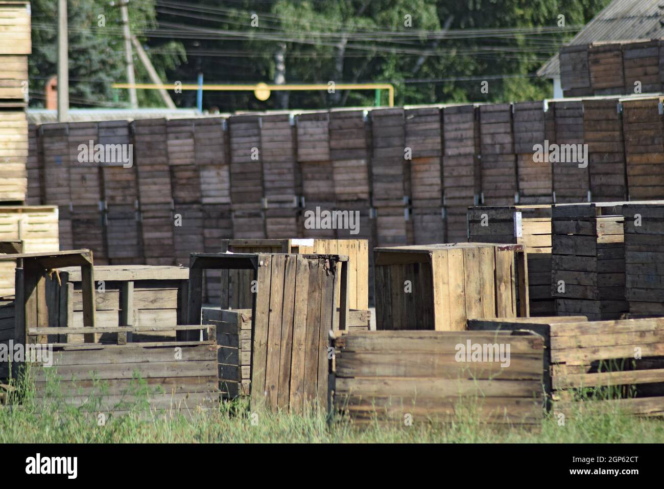 Wooden boxes stacked together. Warehouse empty wooden containers Stock ...