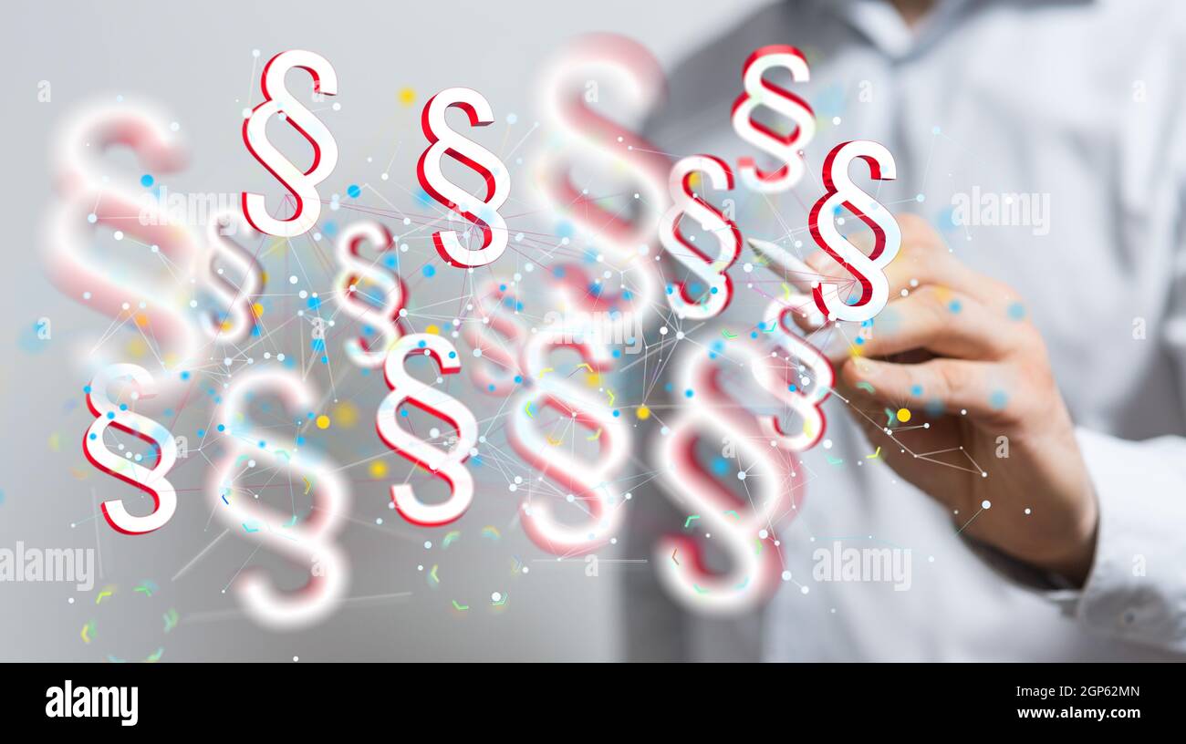 3d rendering of law paragraph symbols in a scheme touched by a hand on ...