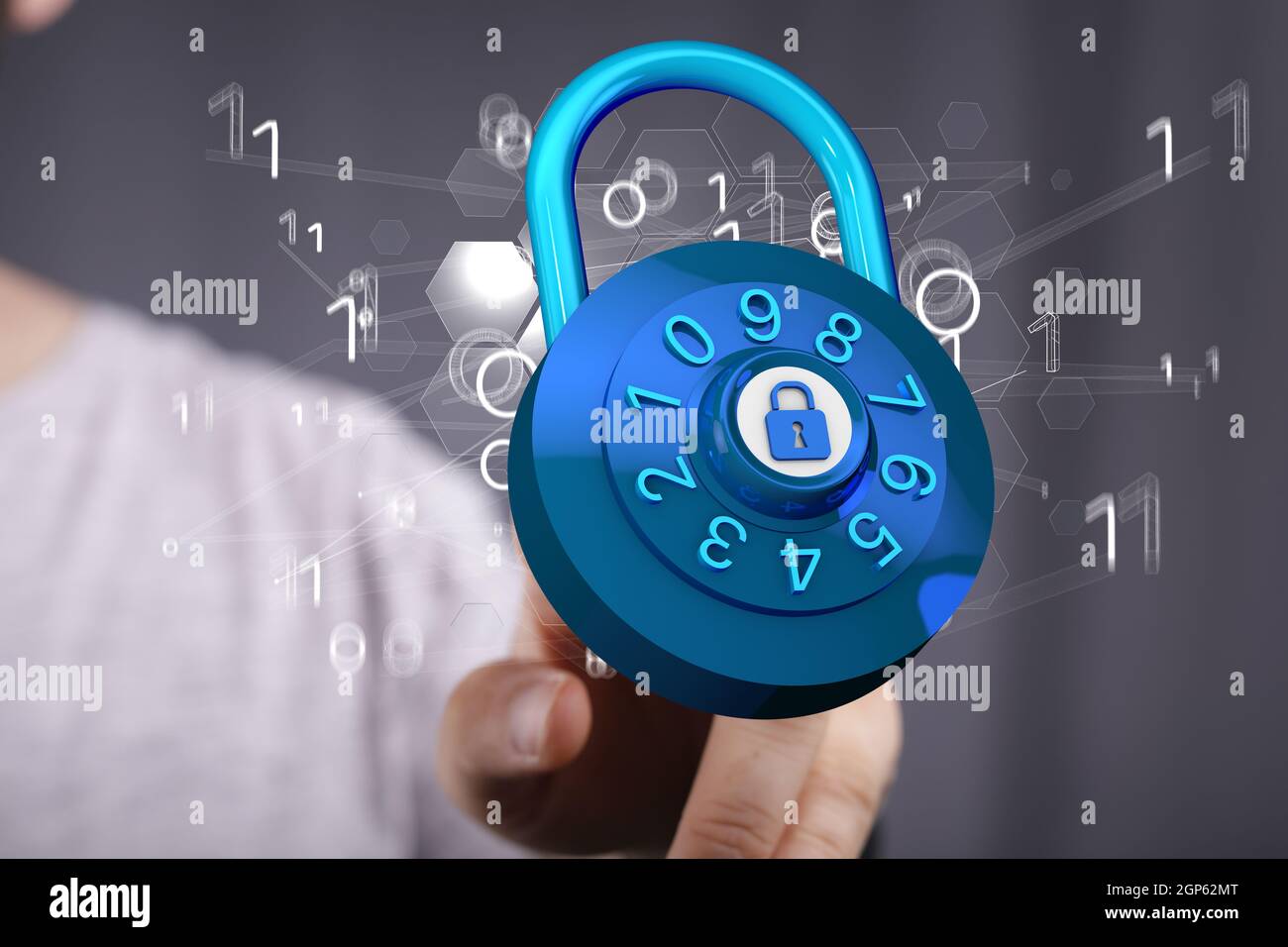 3d rendering of a binary cybersecurity lock concept touched by a hand on a gray wall background ...
