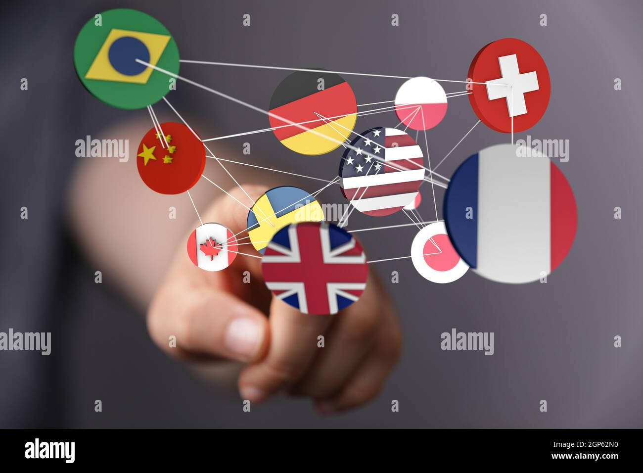 3d rendering of several countries' national flags touched by a hand on ...