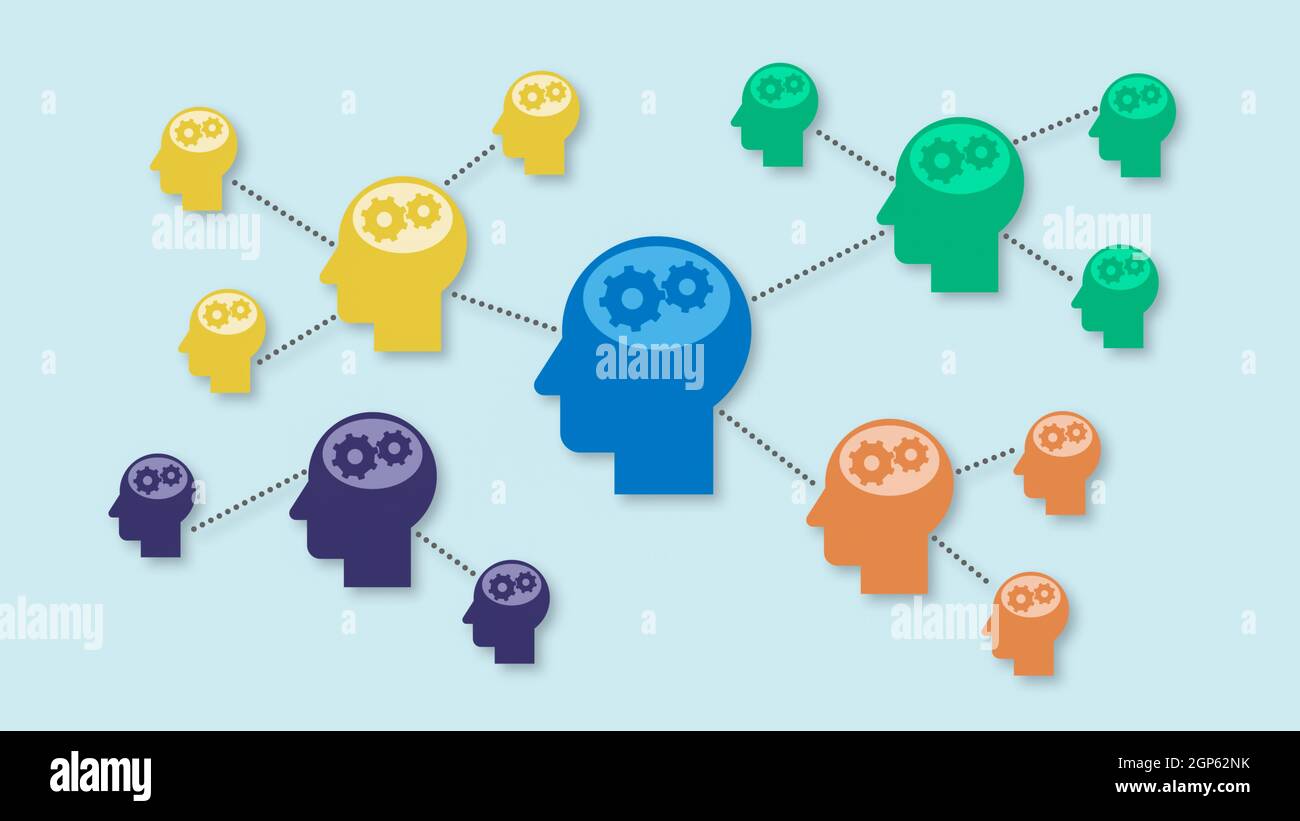 mind mapping template with colored human heads with gears, team work ...