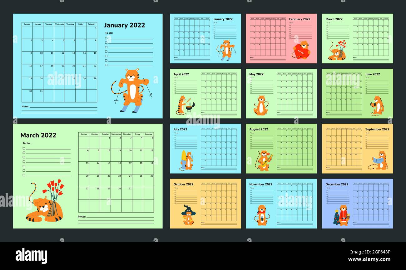 Horizontal calendar or planner 2022 with tigers. Set of 12 monthly ...