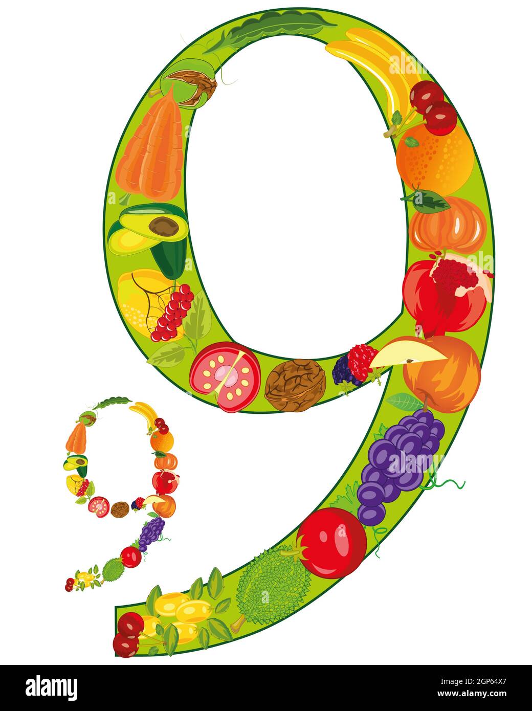 Numeral nine from fruit and vegetables on white background is insulated ...