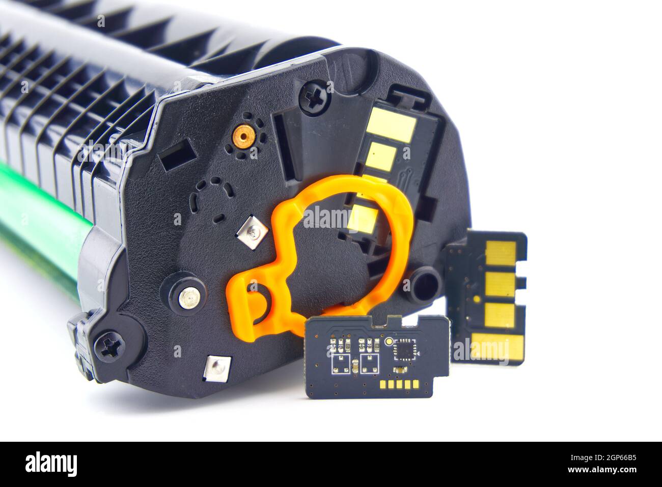 Laser printer toner cartridge and reset chip isolated on white ...