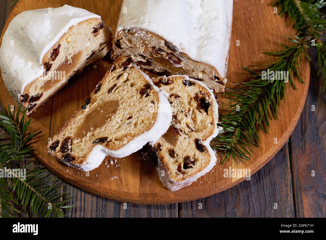 Christmas stollen on wooden background. Traditional christmas german ...