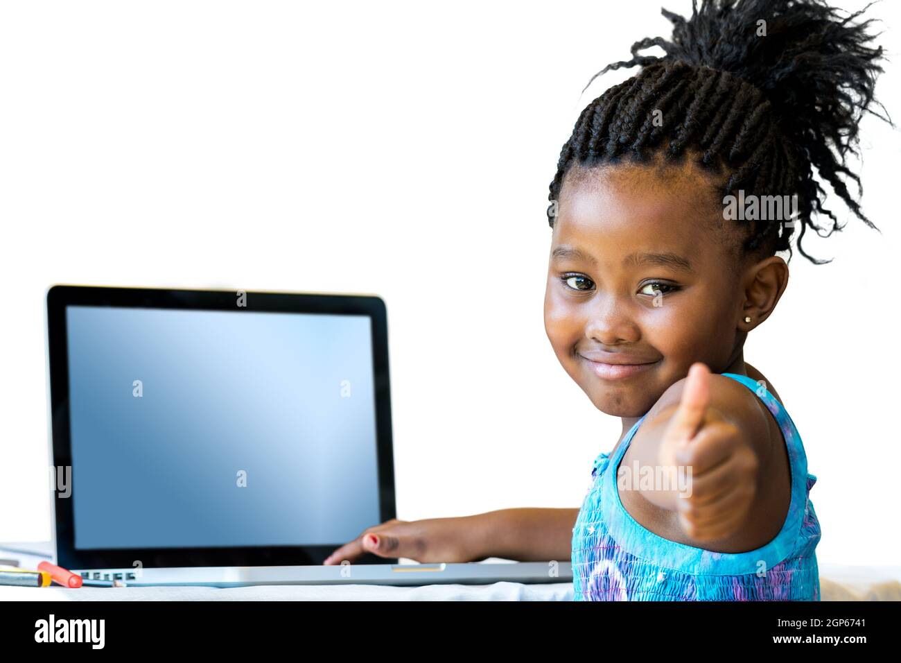 Close up portrait of cute african student with laptop doing thumbs up ...