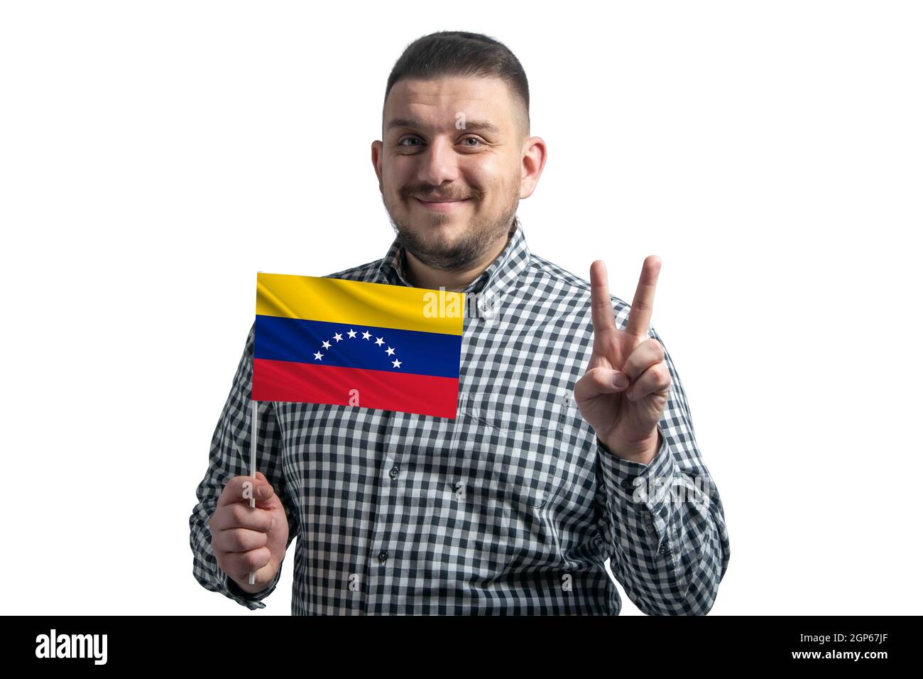 White guy holding a flag of Venezuela and shows two fingers isolated on ...
