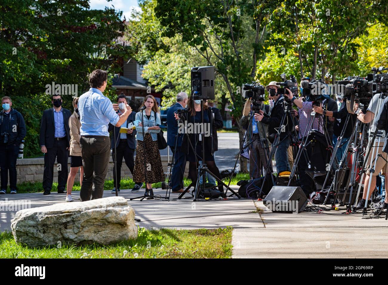 Prime Minister Justin Trudeau answers questions during a press ...