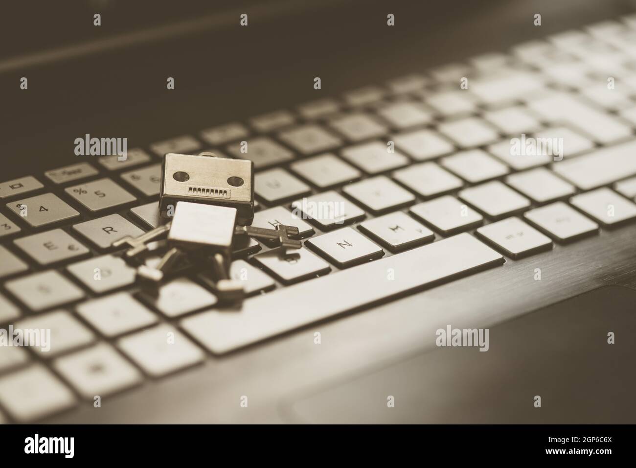 Symbol for a chatbot or social bot and algorithms, program code in the background Stock Photo ...