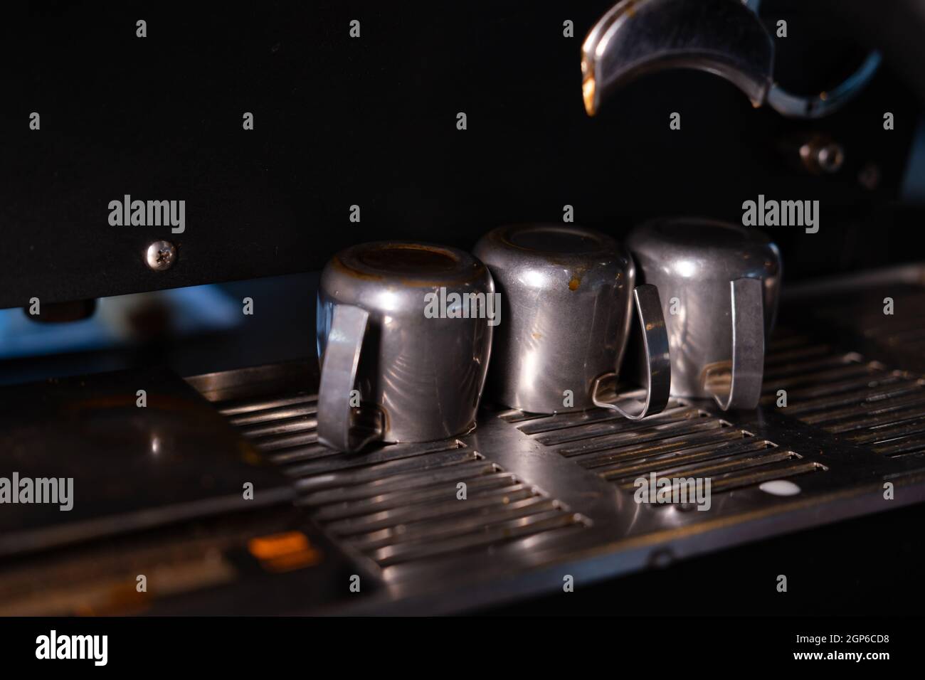 details of dark loft coffee shop. professional coffee machine close up ...