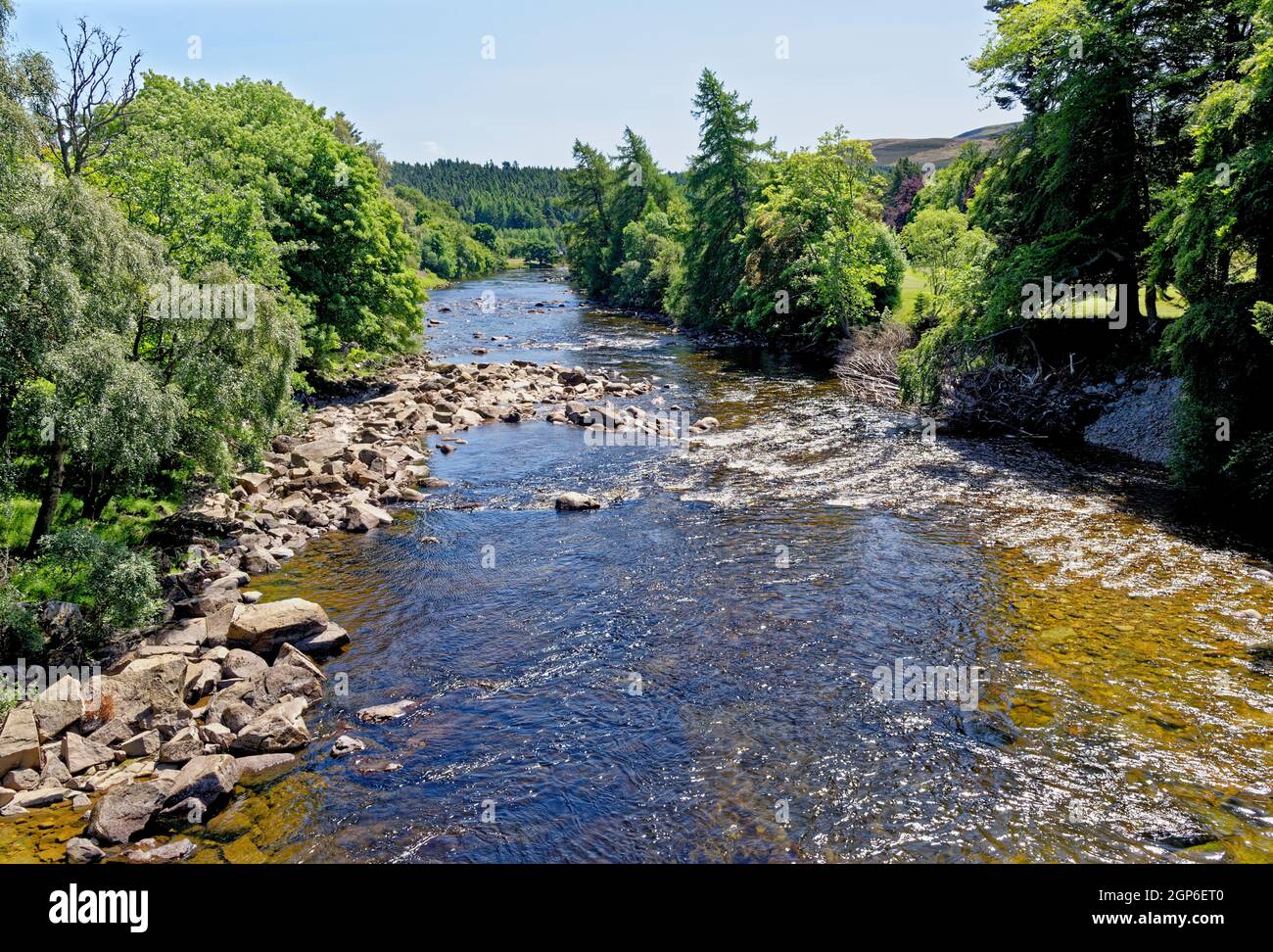 Summer view of River Dee at entrance to Balmoral Castle and Gardens ...
