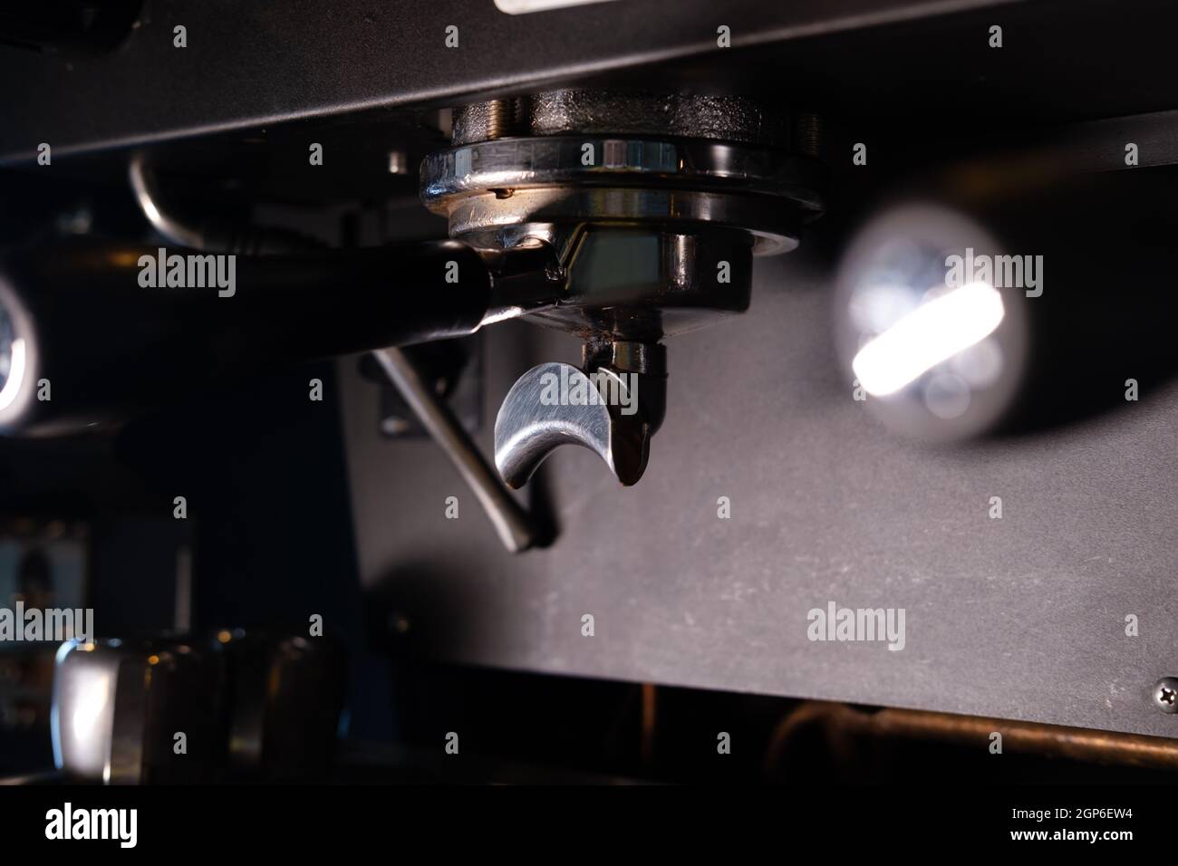 details of dark loft coffee shop. professional coffee machine close up ...