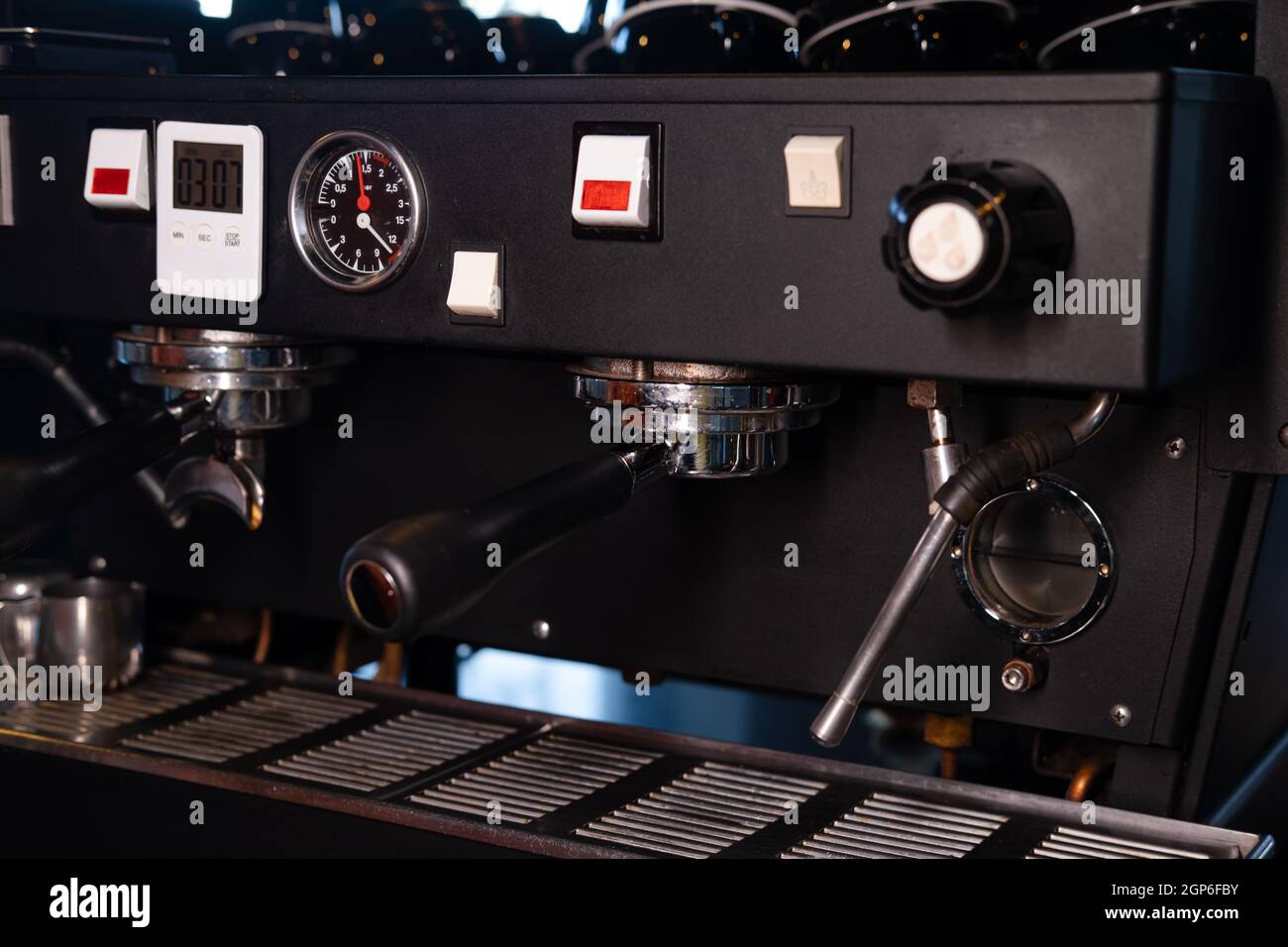details of dark loft coffee shop. professional coffee machine close up ...