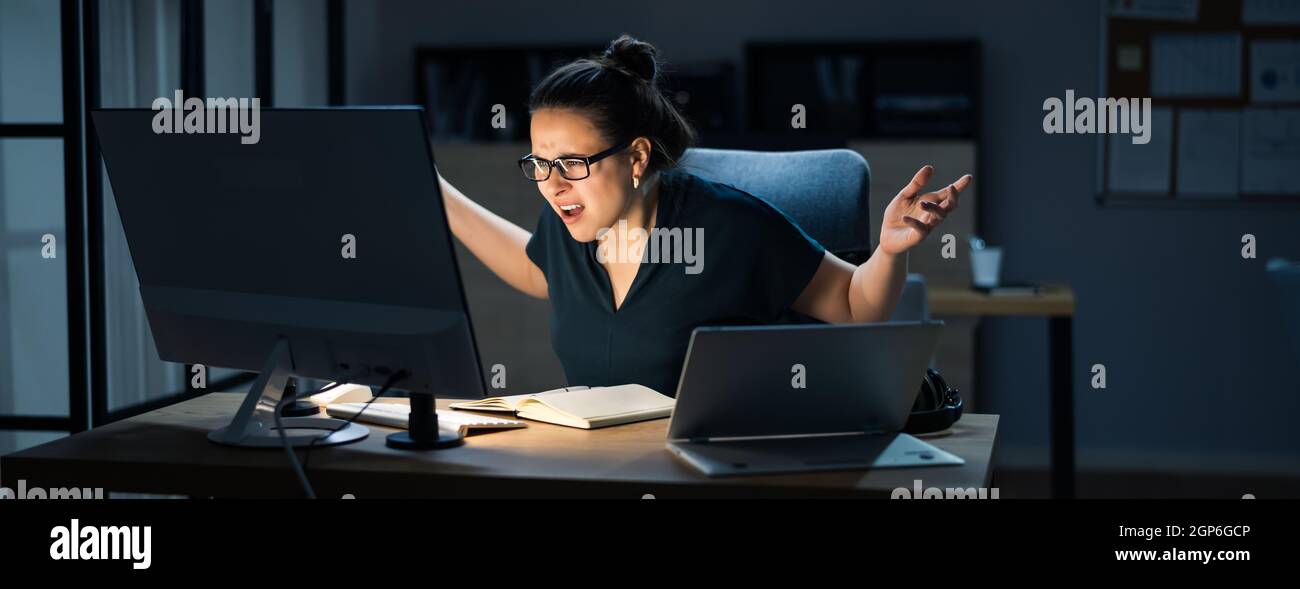 Angry Arguing Woman In Online Video Conference At Night Stock Photo - Alamy
