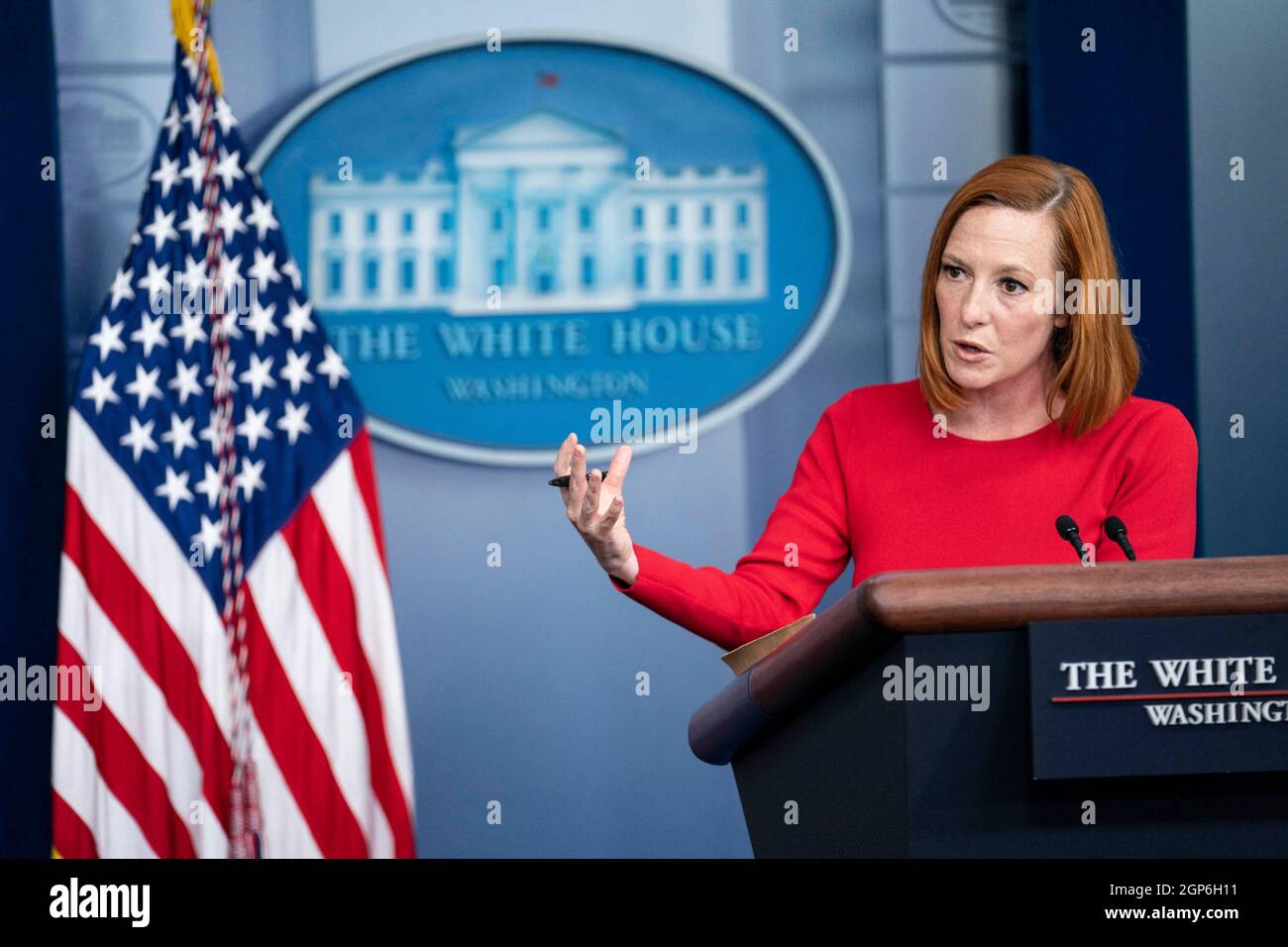 White House Press Secretary Jen Psaki talks to reporters during the ...