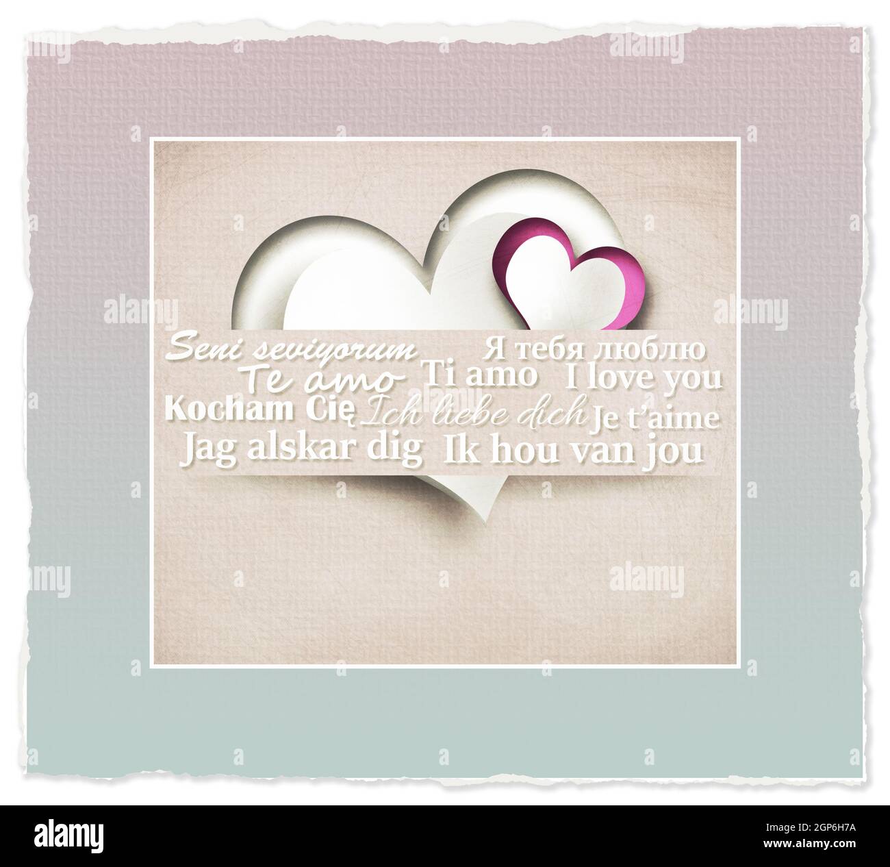 I love you on multiple languages, hearts in paper strip on pastel pink ...