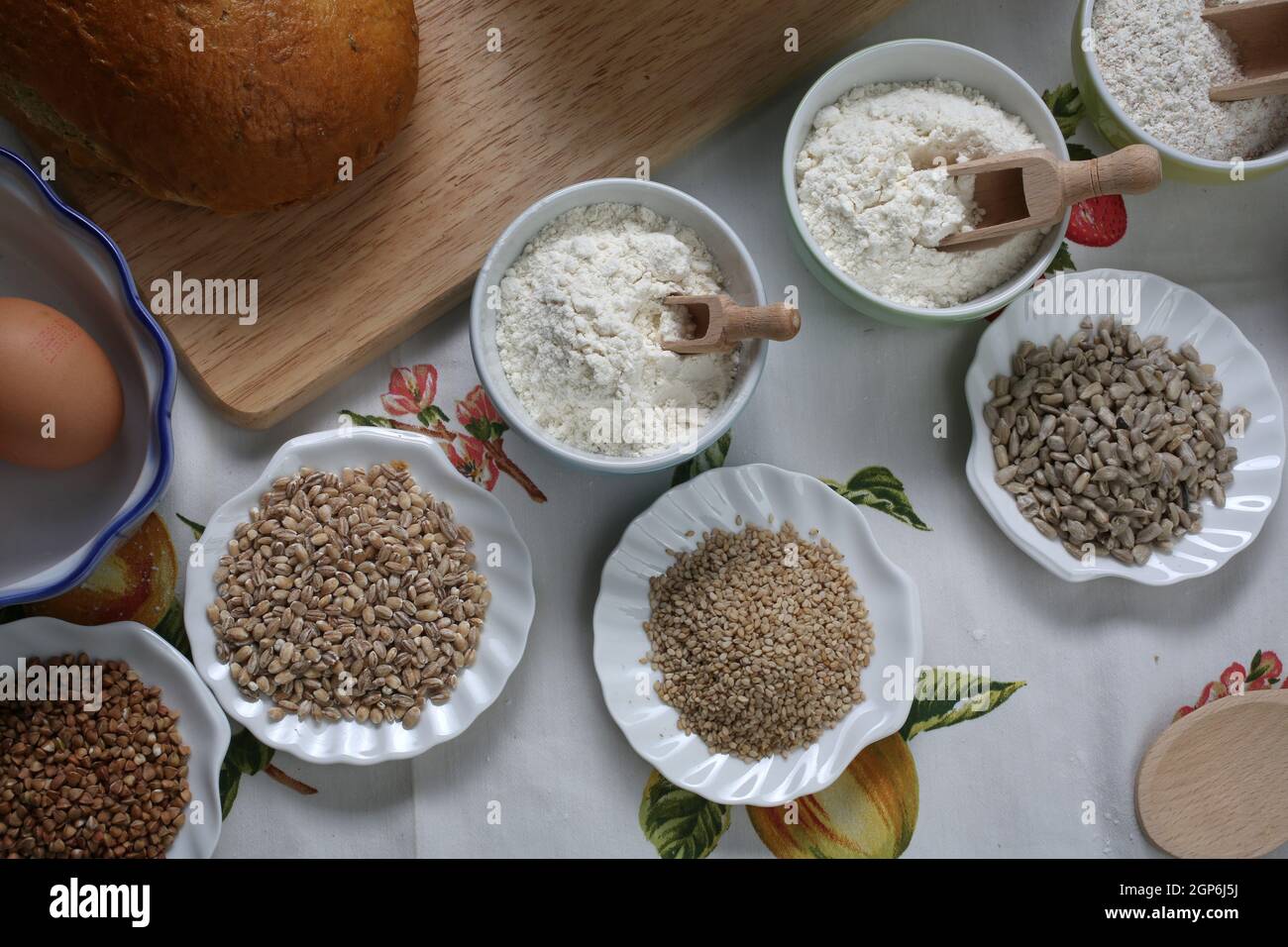 Ingredients for whole grain healthy bread, whole wheat flour, wheat ...