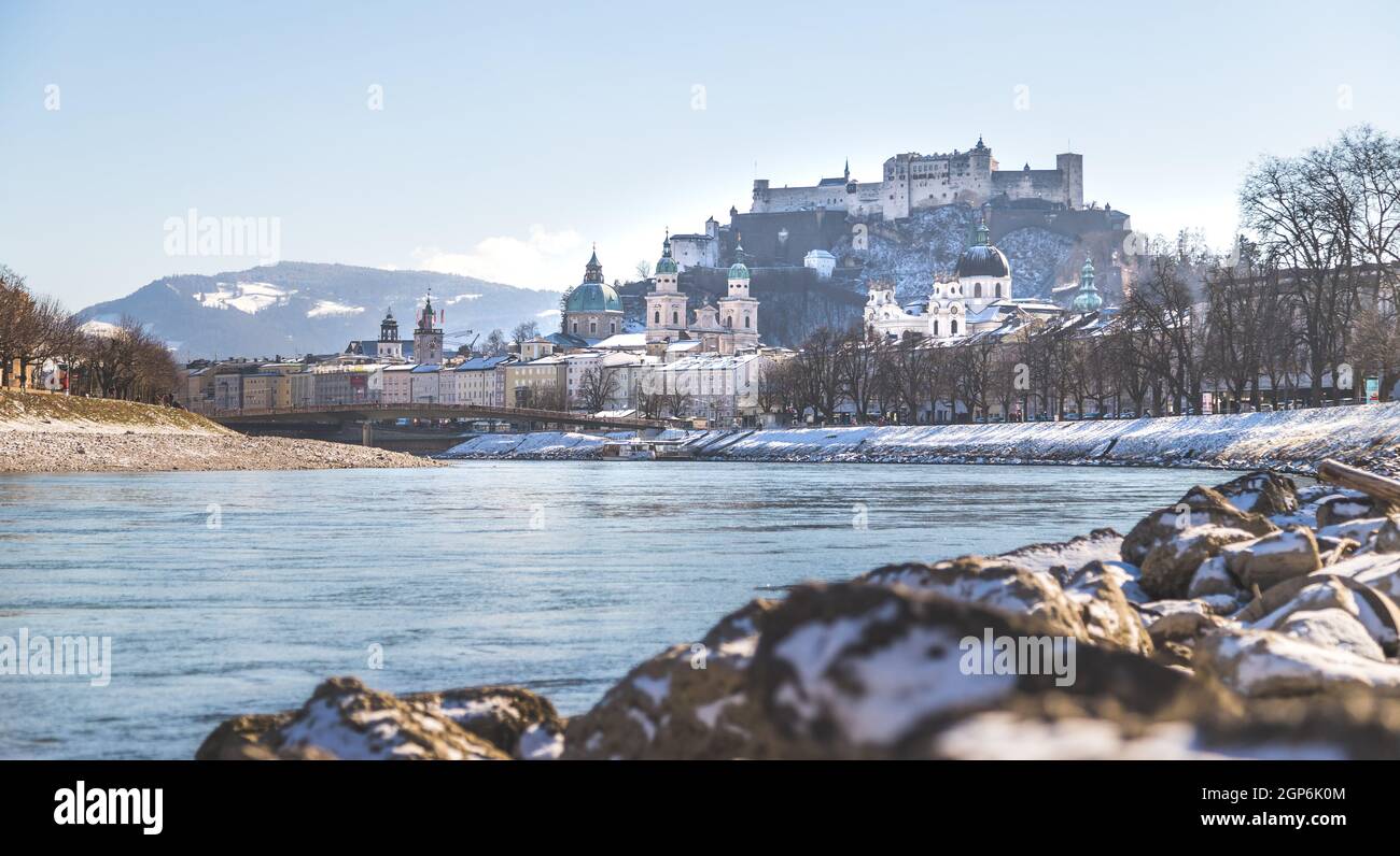 Panorama of Salzburg in winter, snow river bank, historical center, river Salzach Stock Photo ...