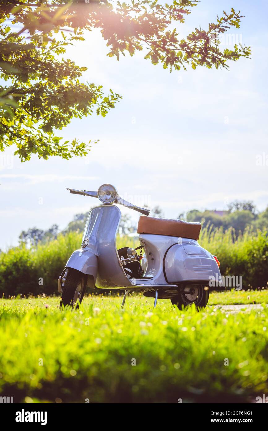 Beautiful blue scooter is parking on the meadow, summer time Stock ...