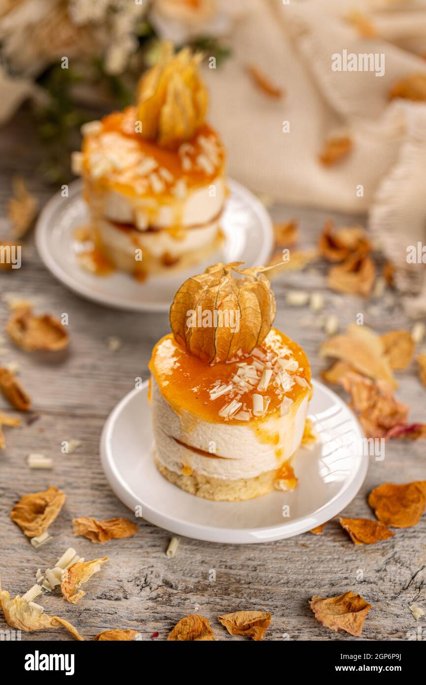 Caramel party cake, mini round cheesecake with salty caramel topping ...