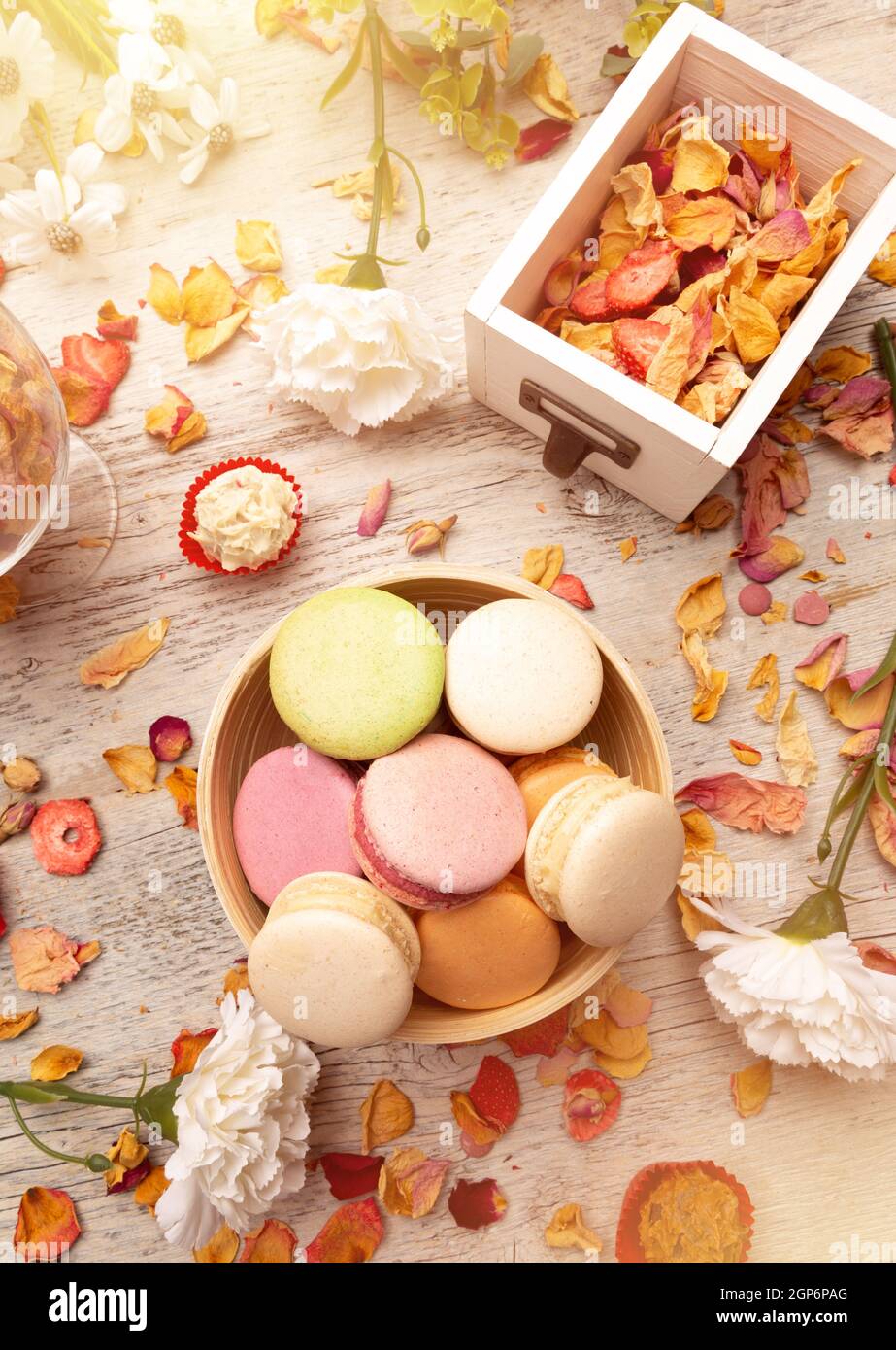 Different flavour of macaroons in bowl, still life dessert concept ...