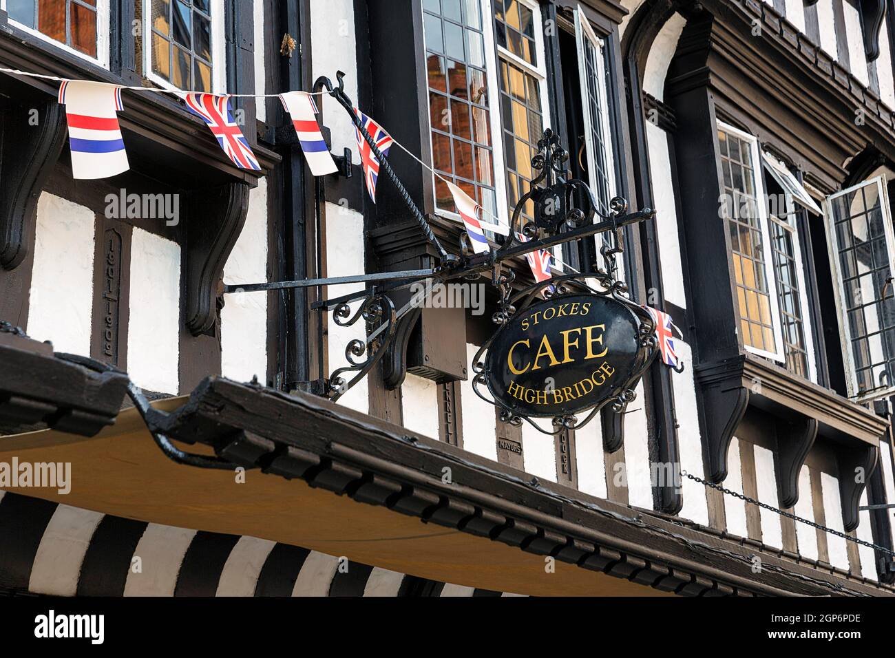 Tudor Gothic half-timbered house, facade with cantilever, Stokes High ...