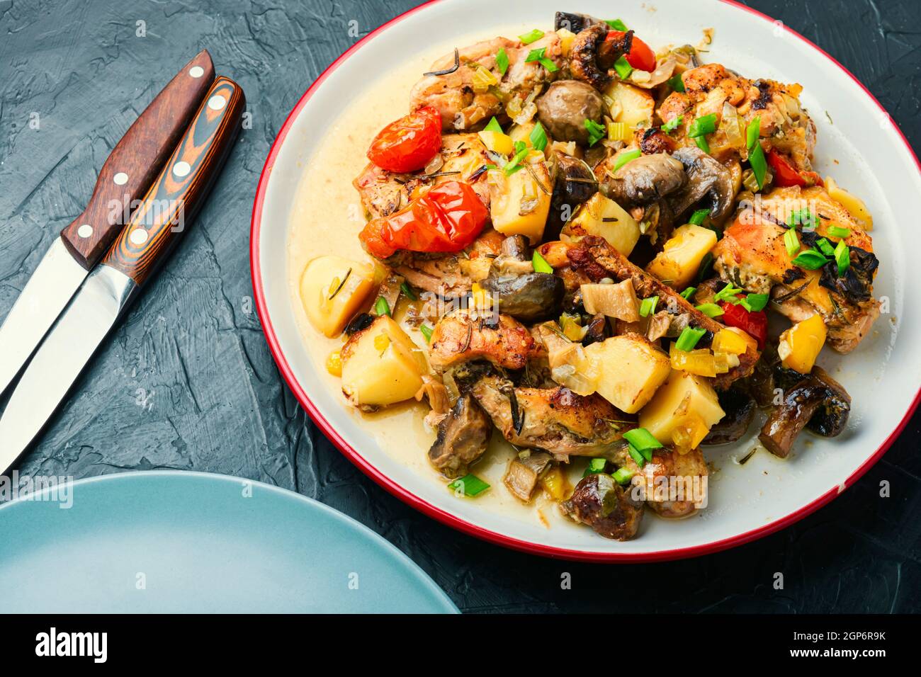 Appetizing stew or ragout with chicken meat and vegetables Stock Photo ...