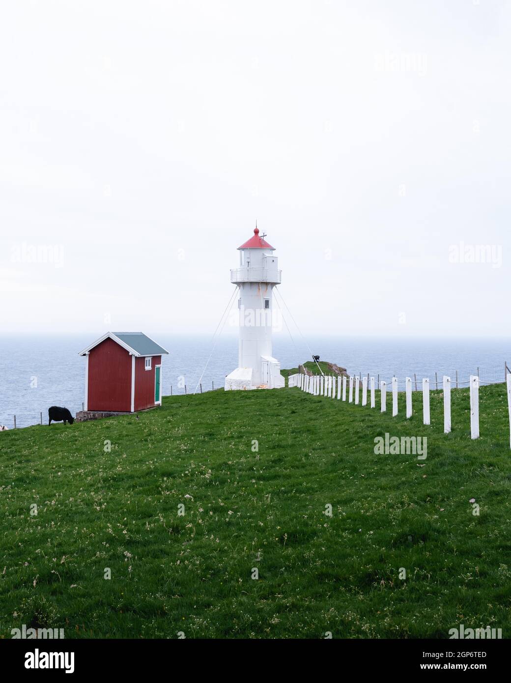 Akraberg Lighthouse with red hut and sheep, Sumba, Suduroy, Faroern ...