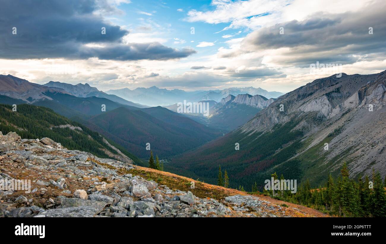 View into forested valley, mountain peak and Ashlar Ridge in the back ...