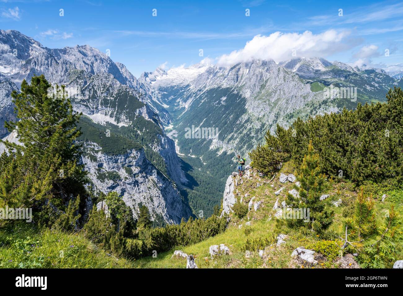 Hiker looking into the distance, view into the Reintal valley, in the ...