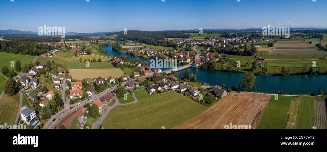 View of the village with Aare bridge, aerial view, Aarwangen, Canton ...
