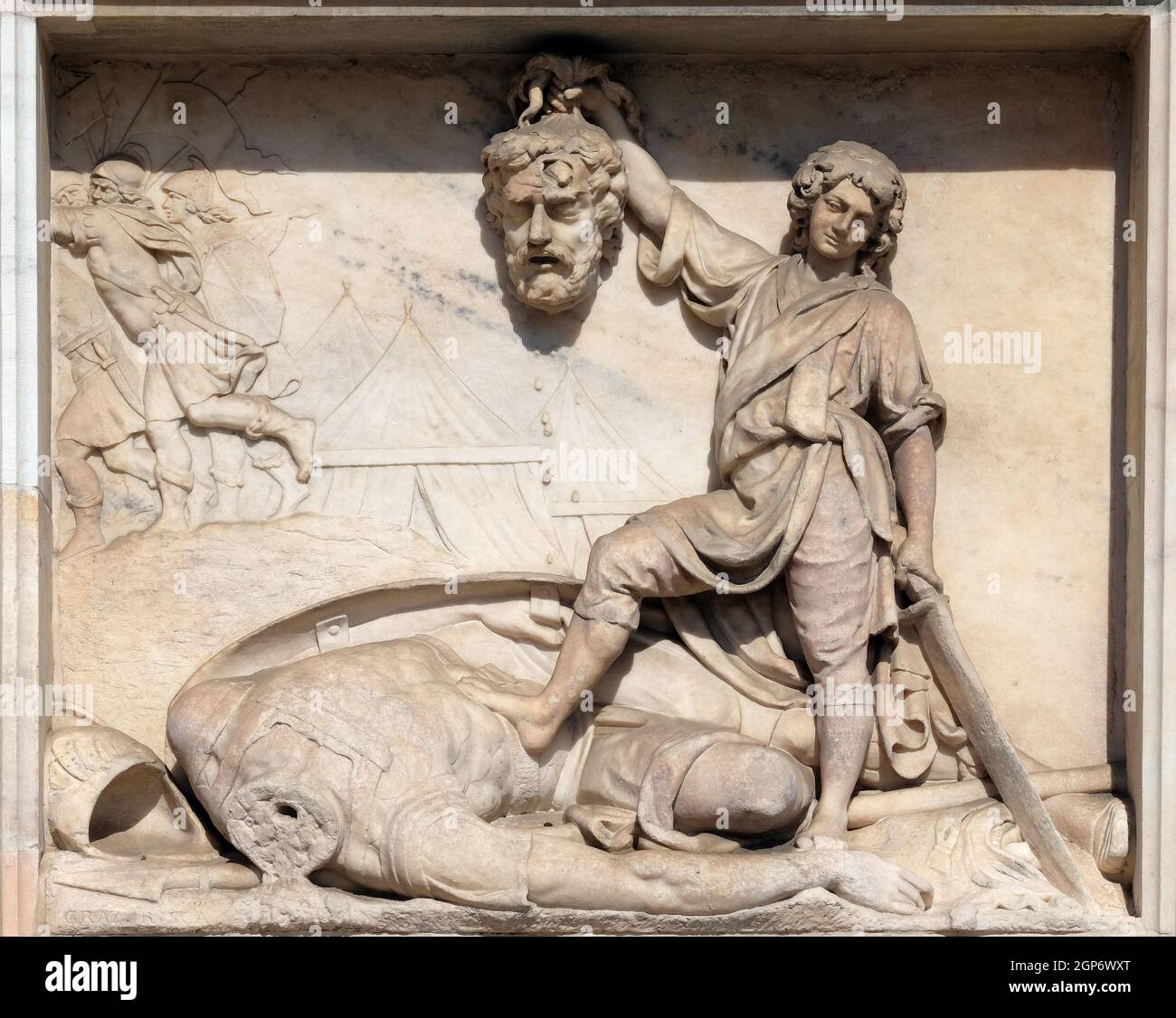 David with the Head of Goliath, marble relief on the facade of the ...