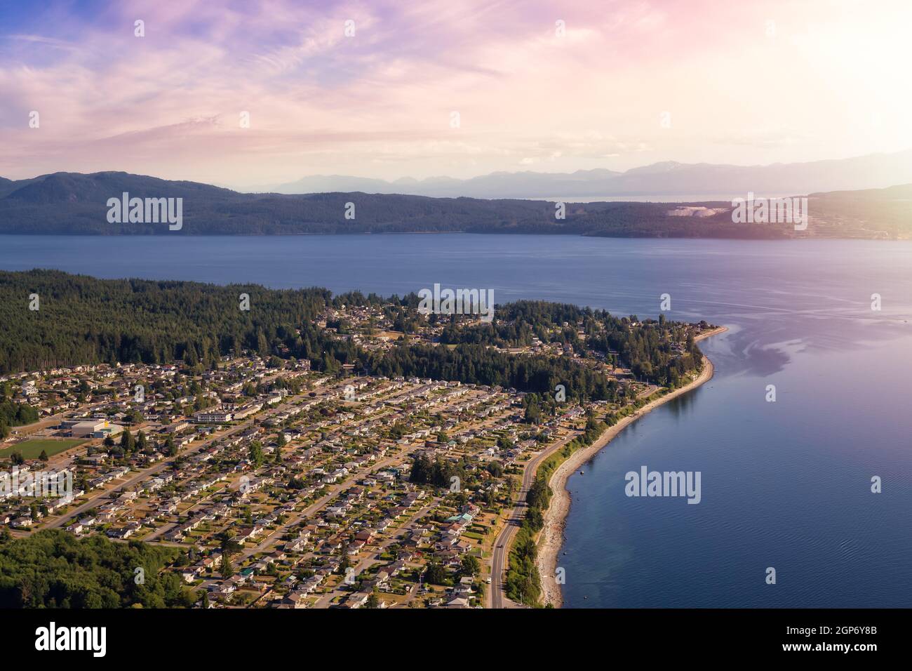 Aerial view of a small town, Powell River, during a sunny summer day ...