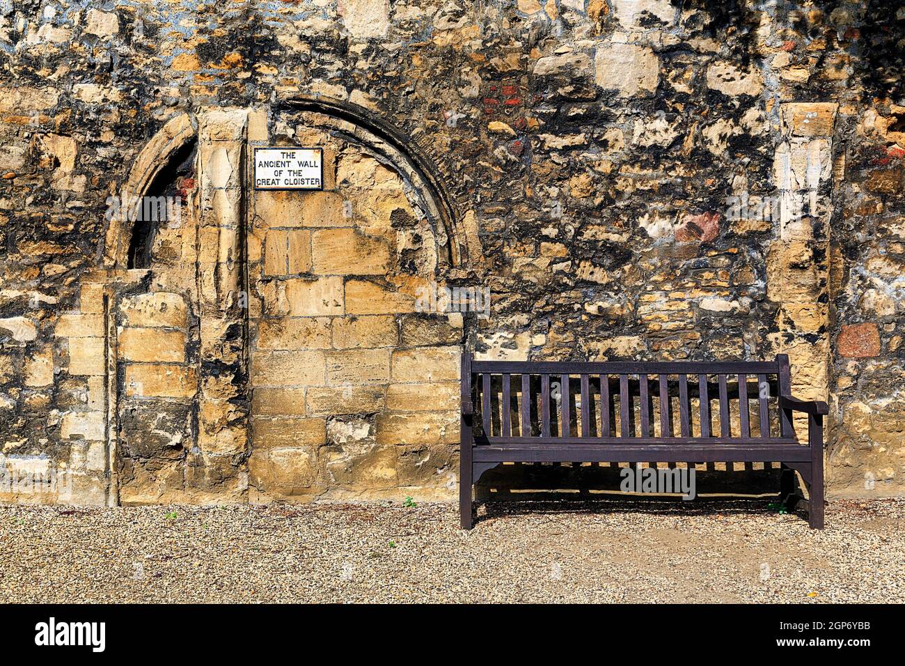 Facade with bench, remains of medieval monastery, Peterborough ...