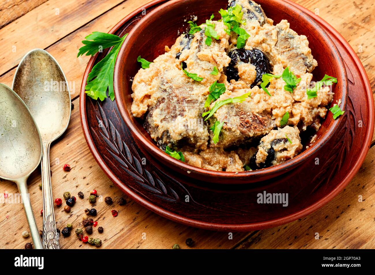 Goulash or beef stew in a plate.Plate of hungarian goulash on rustic ...