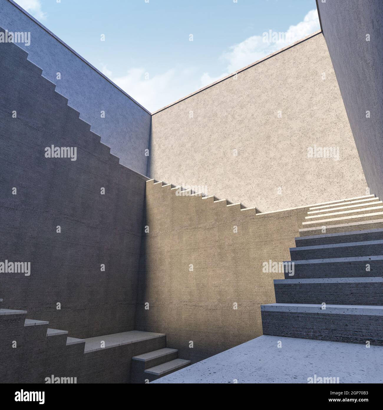 3d rendering abstract stairs in concrete. nobody around. square format ...