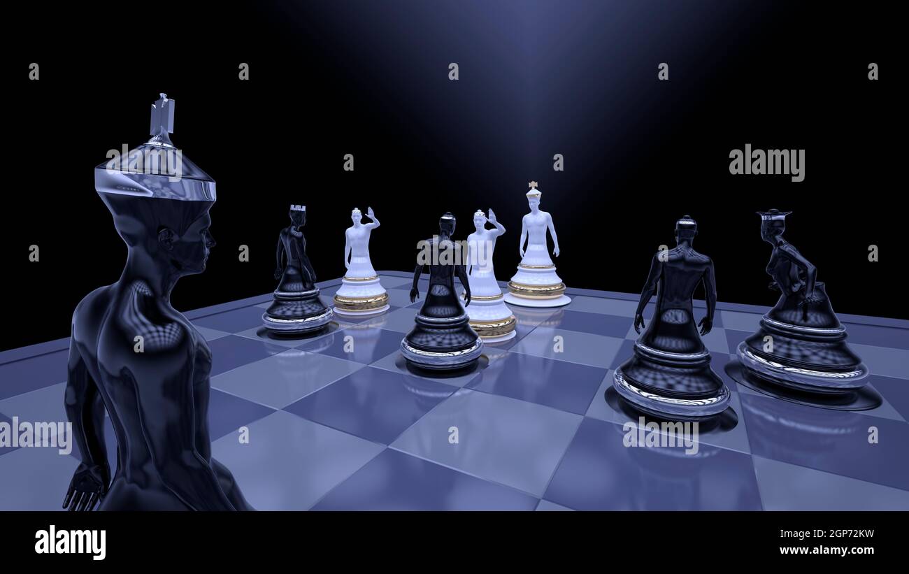 Chess composition of anthropomorphic pieces in dark background - 3d ...