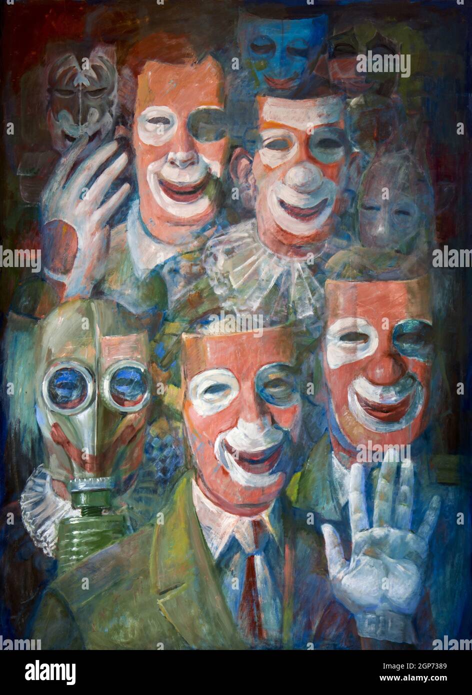 People with smiling masks on their faces, dressed in suits and clowns ...