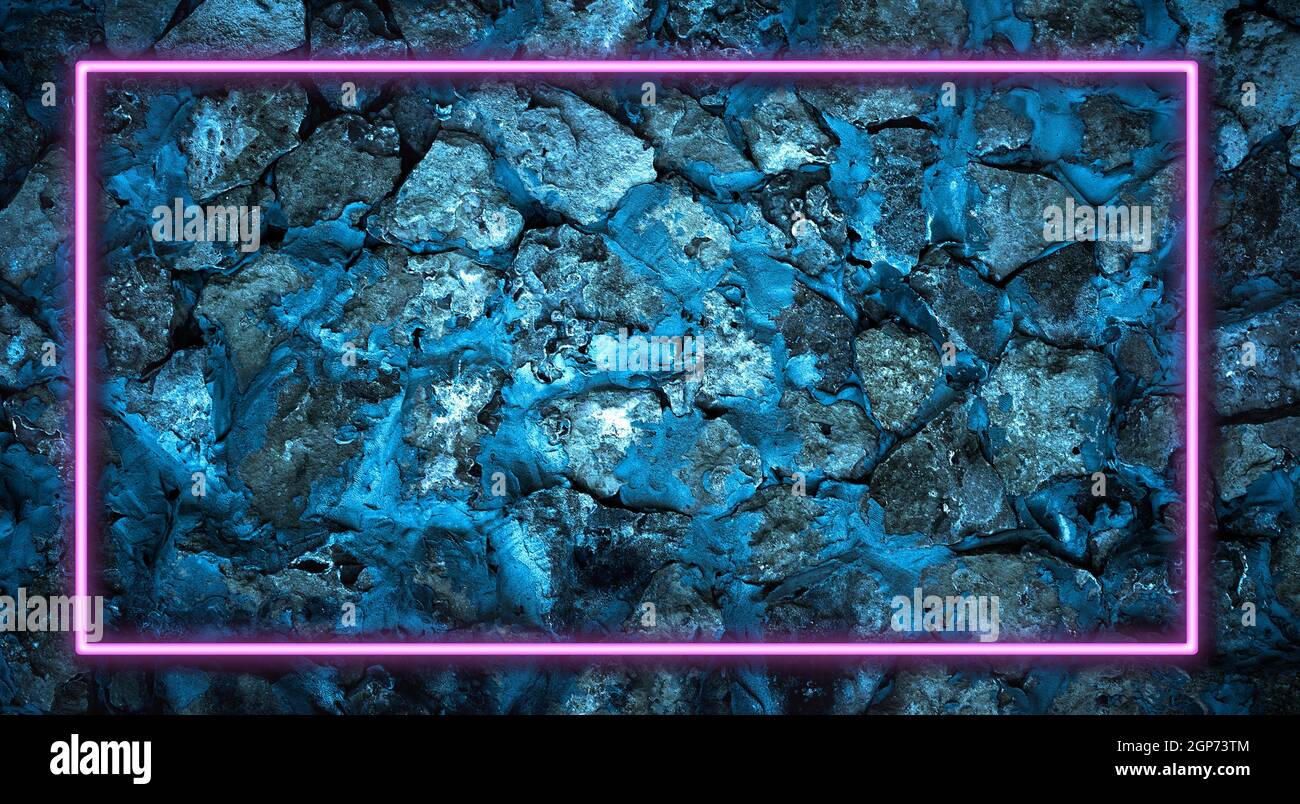 illuminated brick wall in pink neon color, abstract background, empty ...