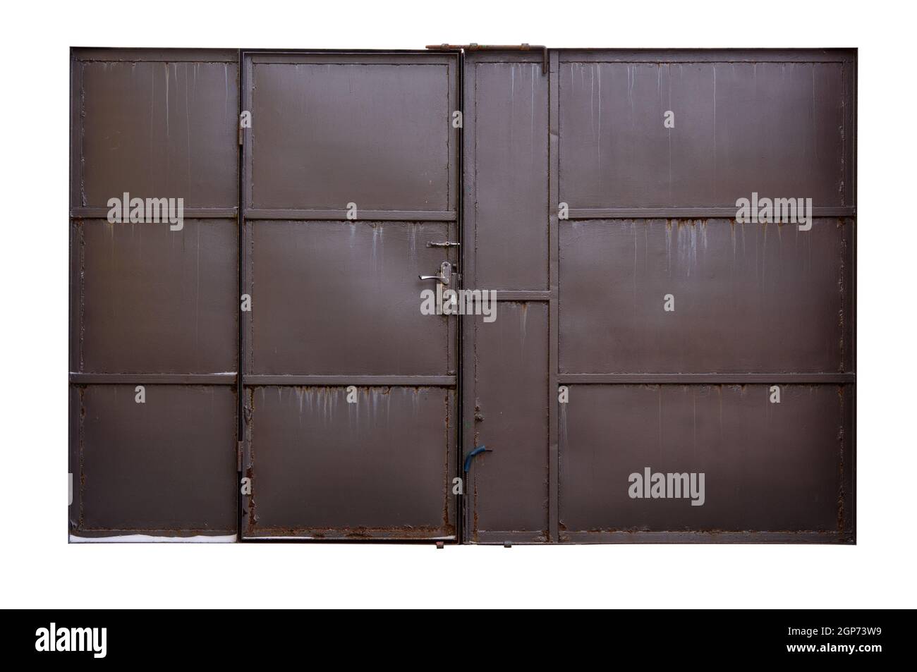 brown old metal gate with rust elements, lock and handle isolated on ...