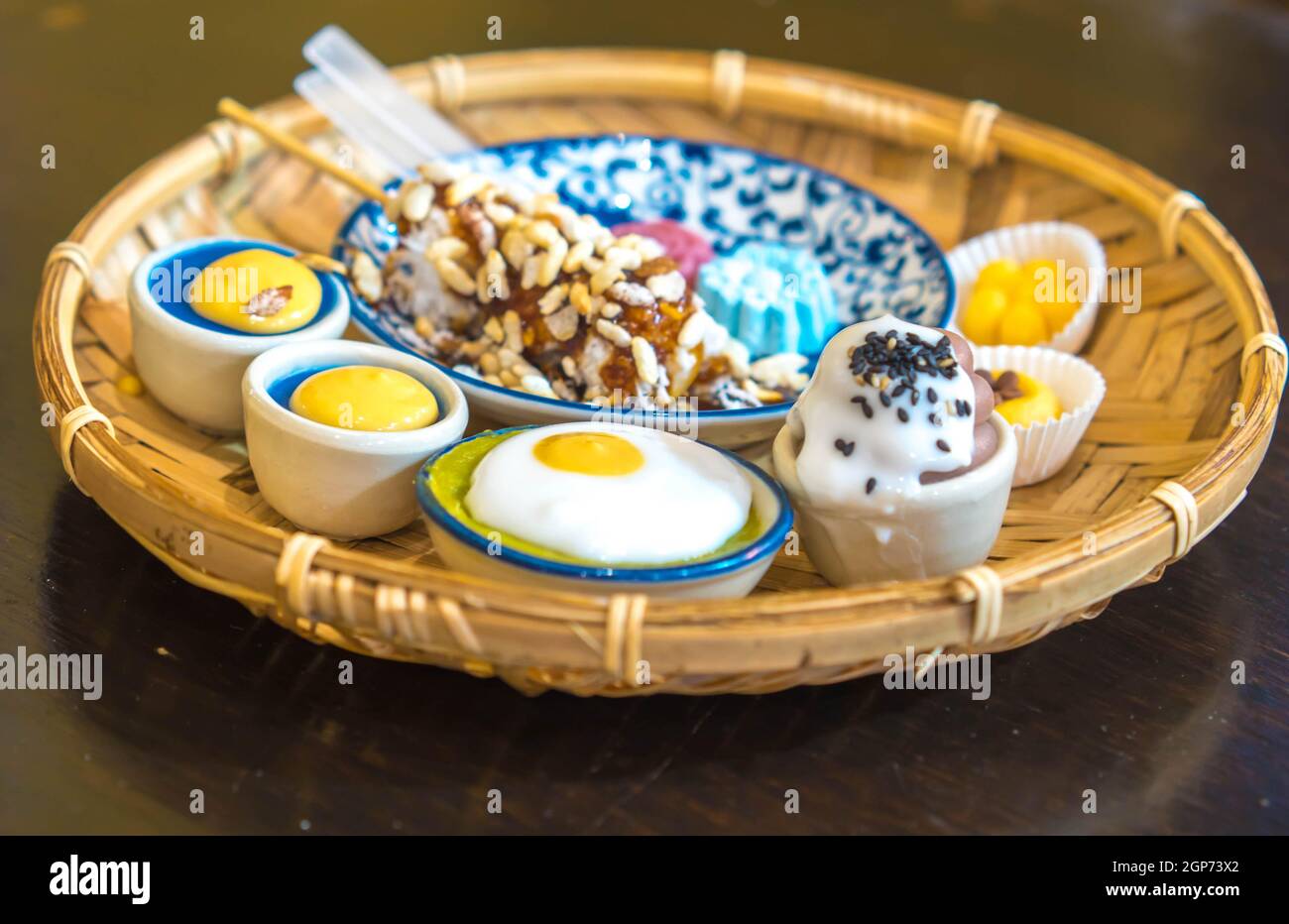 Thai traditional dessert in weave basket. The most popular dessert in ...