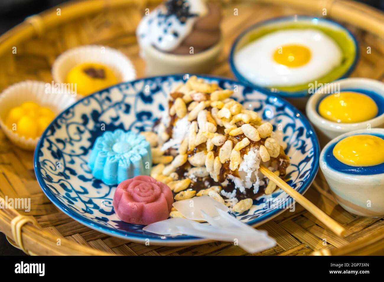 Thai traditional dessert in weave basket. The most popular dessert in ...